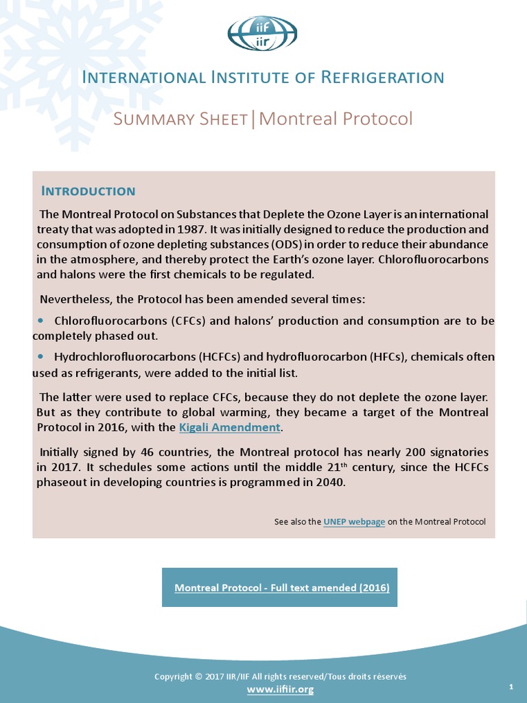Summary Sheet Montreal Protocol: International Institute of ...