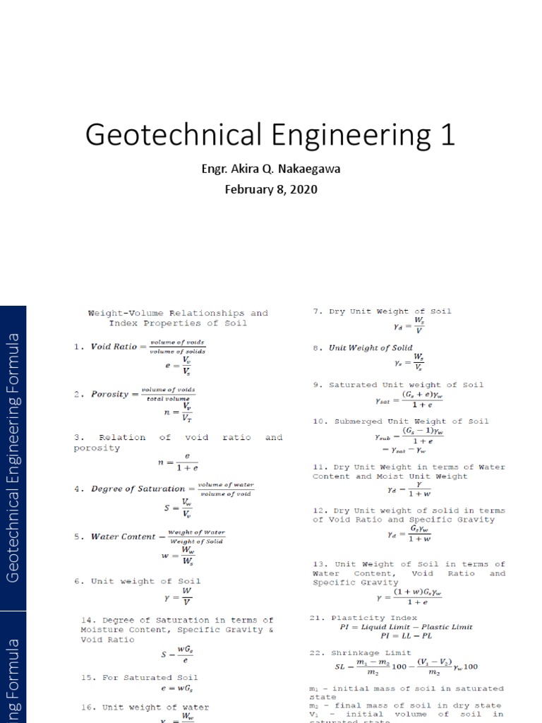Geotechnical Engineering 1 Engr Akira Q Nakaegawa February 8 2020 Pdf