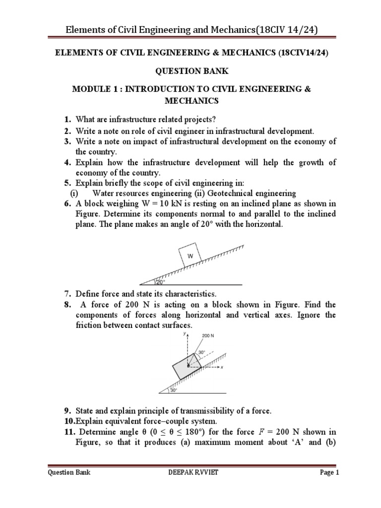 Civil Engineering Mechanics Question Bank | PDF | Friction | Tension ...
