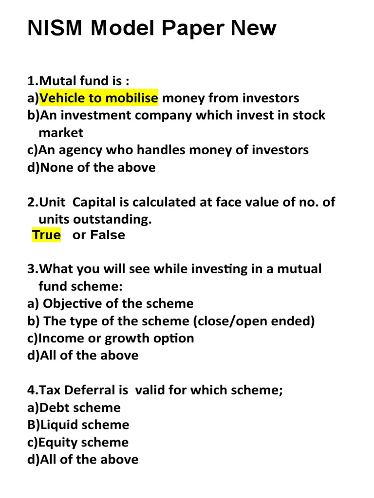 NISM Model Paper New: True or False | PDF | Investor | Mutual Funds