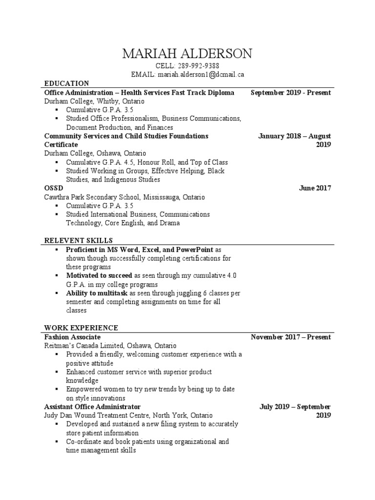 Caps Resume - Mariah Alderson | PDF