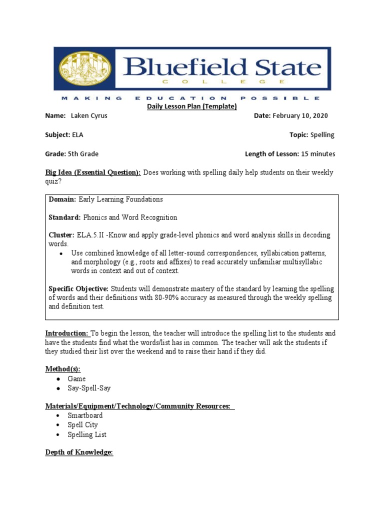Spelling Lesson Plan | PDF | Phonics | Educational Assessment
