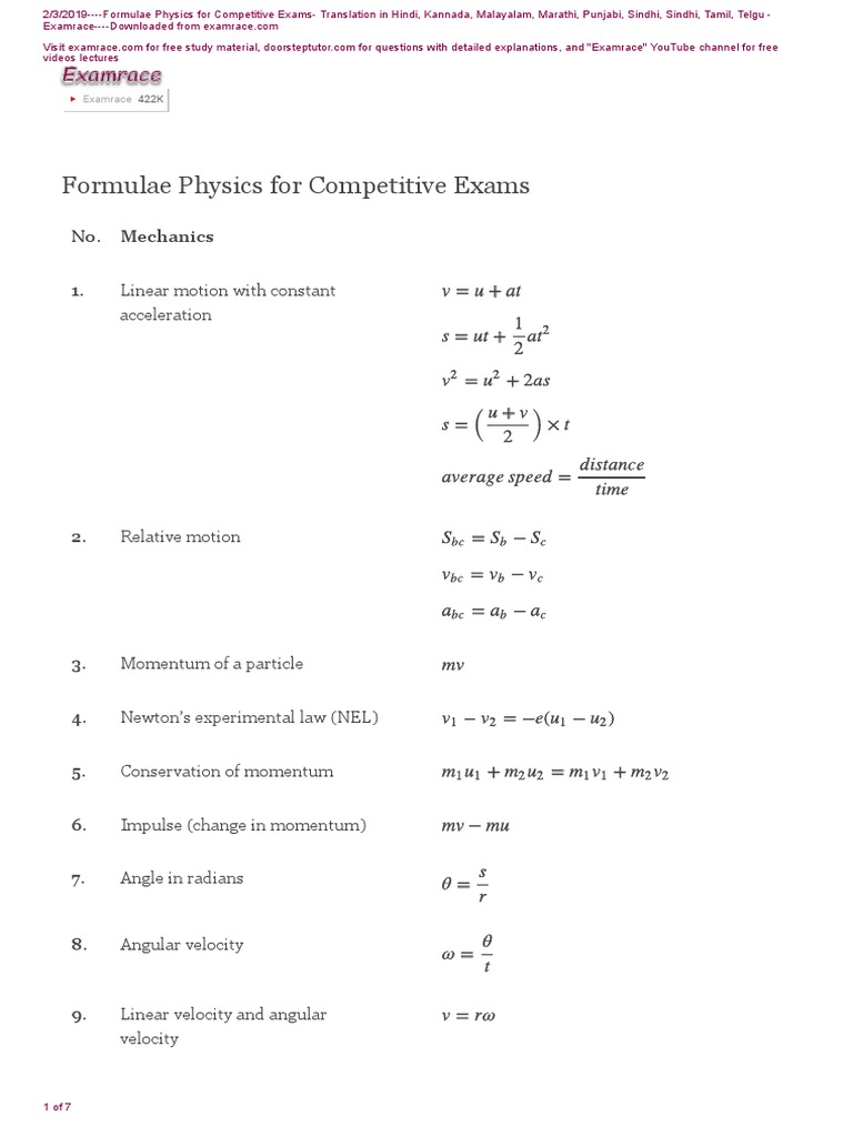 Formulae Physics For Competitive Exams: Examrace | PDF | Acceleration | Force