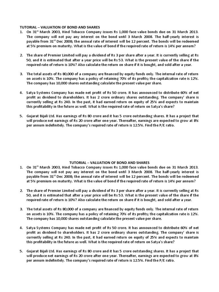 Tutorial-Valuation of Bond and Shares | PDF | Bonds (Finance) | Equity ...