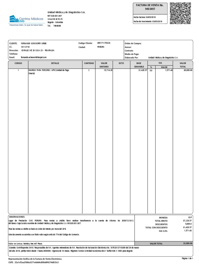 Factura Colmedica - 03/05/2019 | PDF | Dinero | Economias
