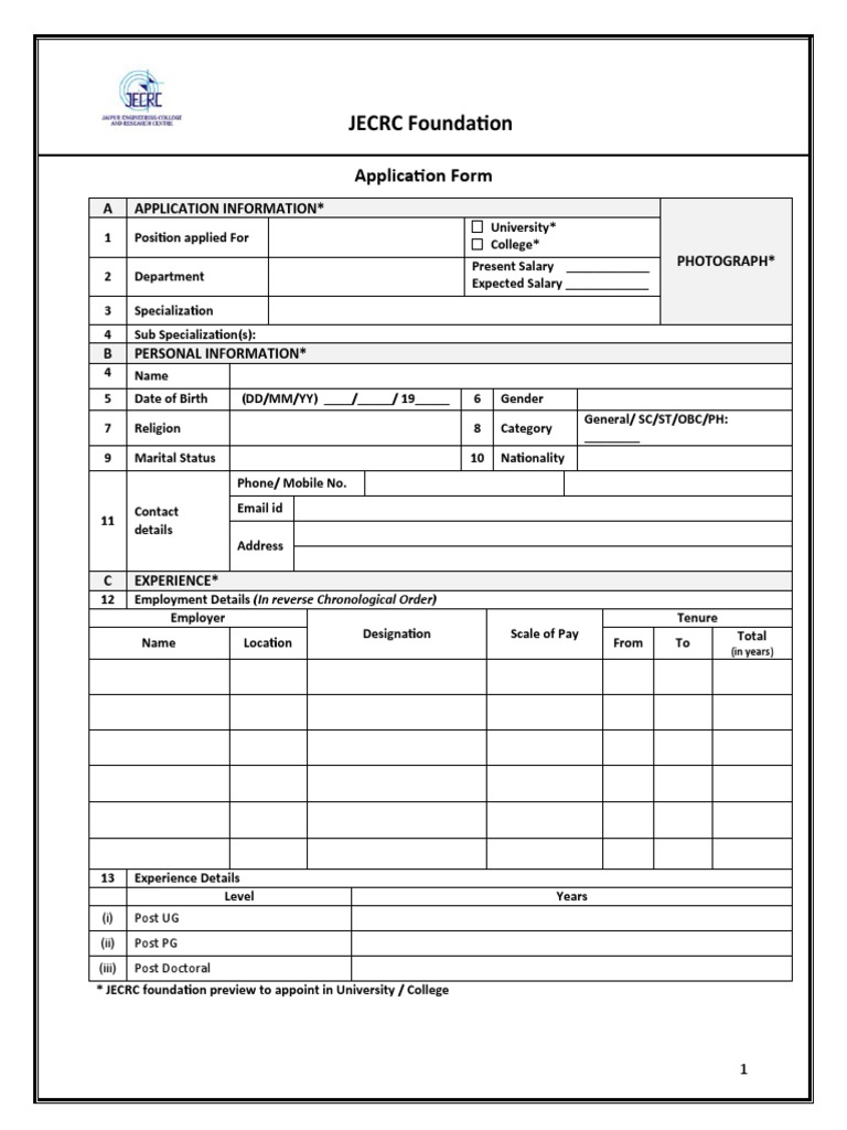 JECRC Foundation: Application Form | PDF | Doctorate