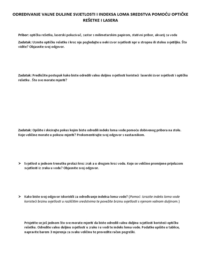 Odredivanje Valne Duljive I Indeksa Loma Sredstva Pomocu Opticke Resetke - Vjezba Za Ucenika | PDF