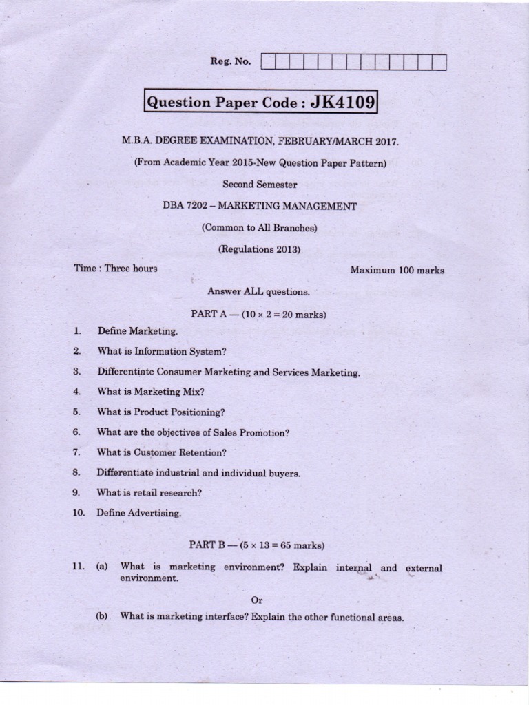 Marketing Management Question Paper | PDF
