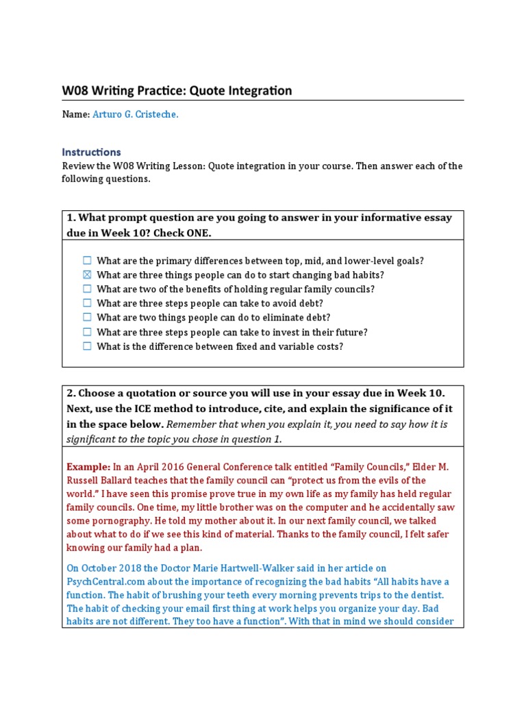 W08 Writing Practice: Quote Integration: Instructions | PDF