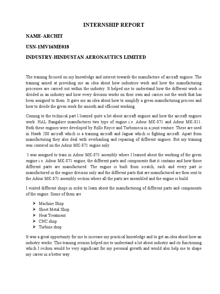 Internship Report Hal Engine Division | PDF