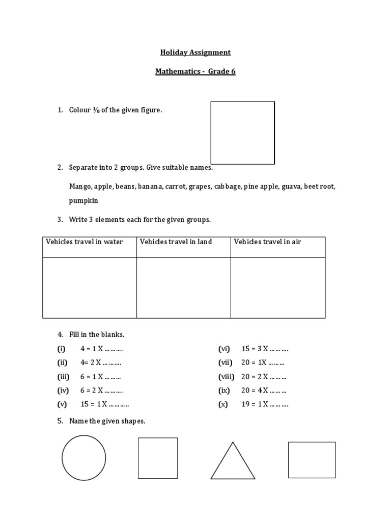 Holiday Assignment Mathematics - Grade 6 | PDF | Geometry | Space