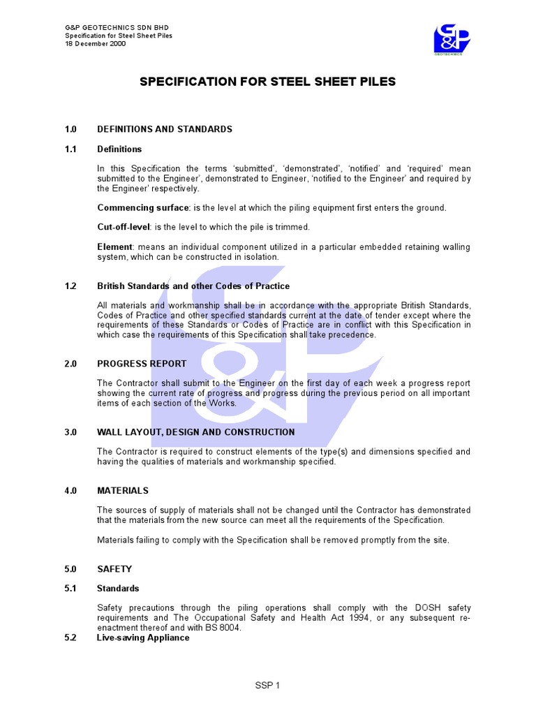 G&P Geotechnics SDN BHD Specification For Steel Sheet Piles 18 December ...