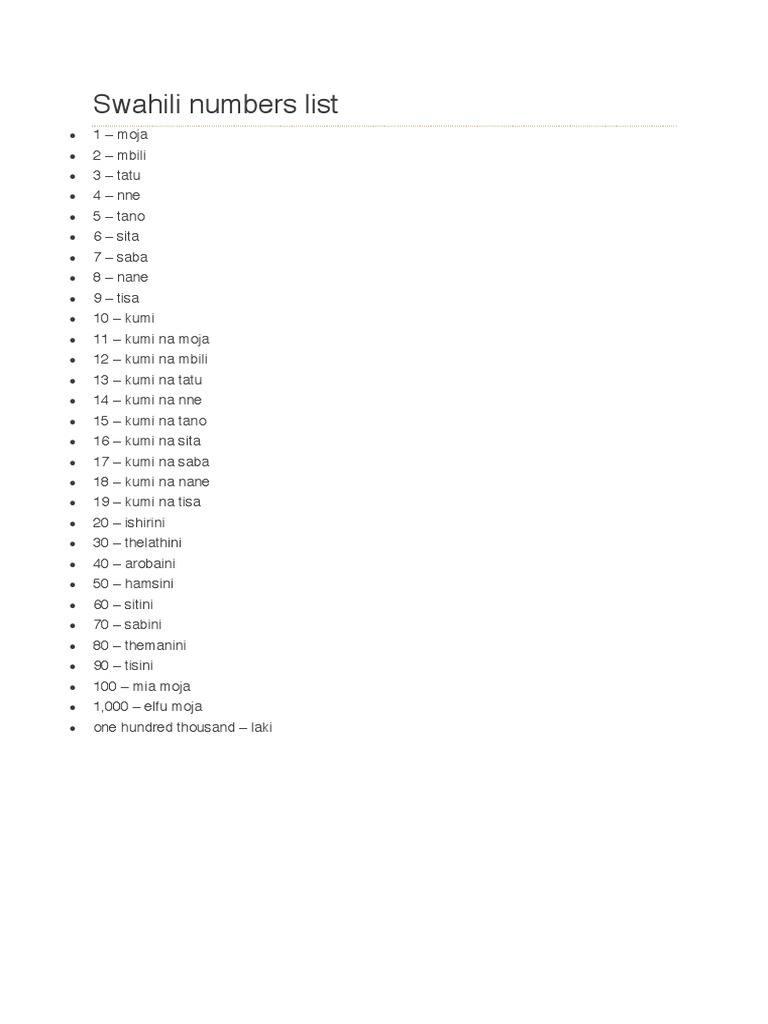 Swahili Numbers 1 to 100 List | PDF