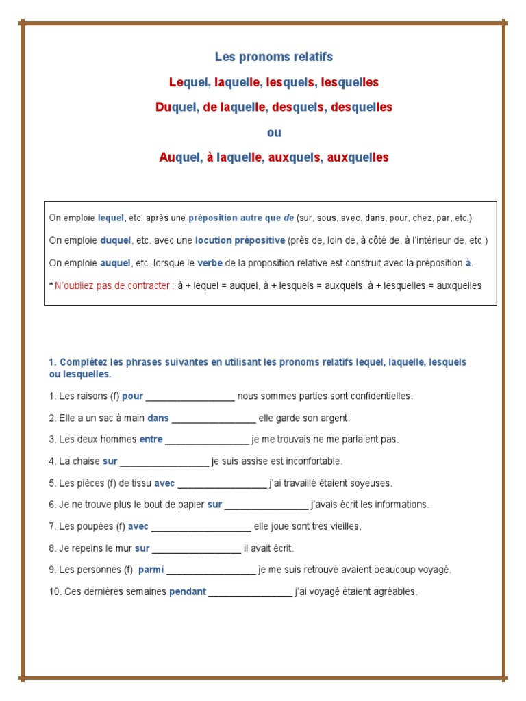 Les Pronoms Relatifs Lequel, Auquel, Duquel | PDF | Pronom | Adposition