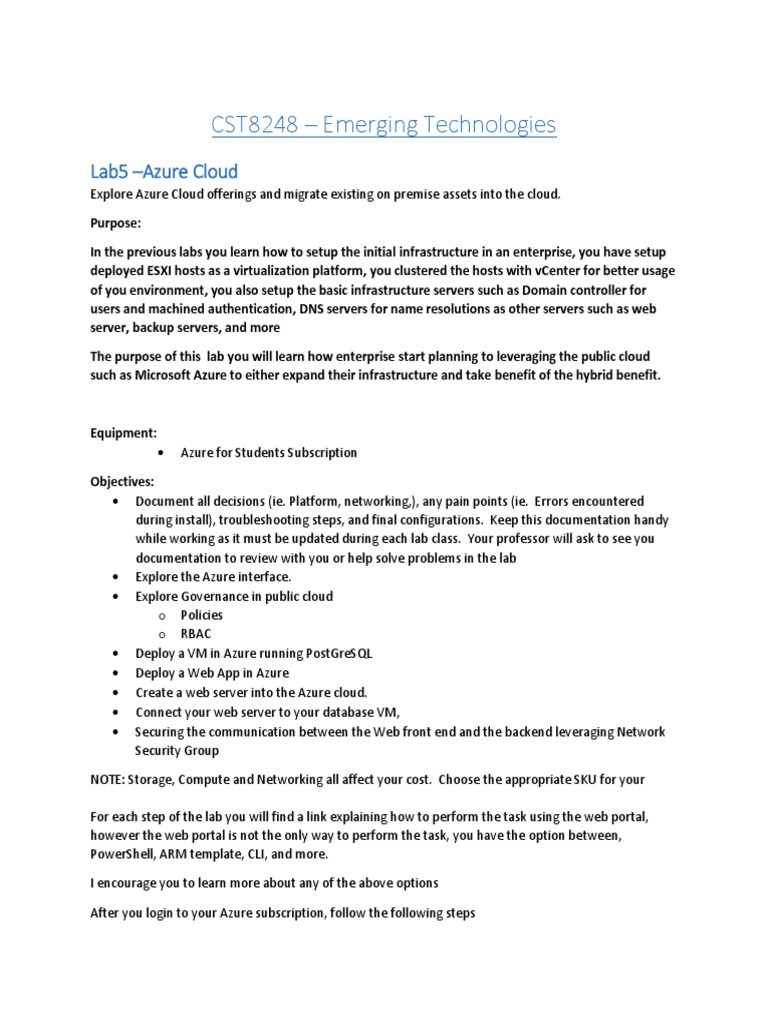 CST8248 - Emerging Technologies: Lab5 - Azure Cloud | PDF | Microsoft Azure | Cloud Computing