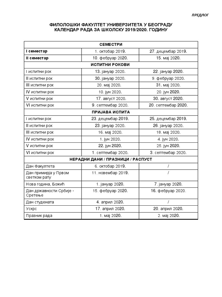 Kalendar Rada 2019-2020 PREDLOG PDF | PDF