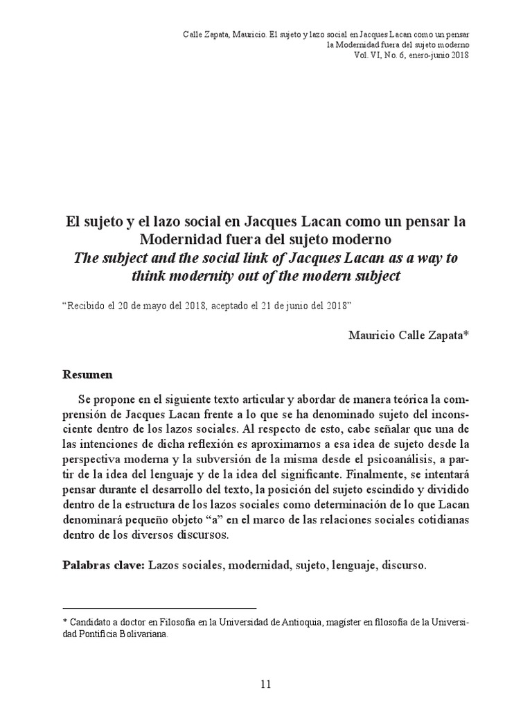 El Sujeto y El Lazo Social en Jacques Lacan | PDF | Jacques Lacan ...