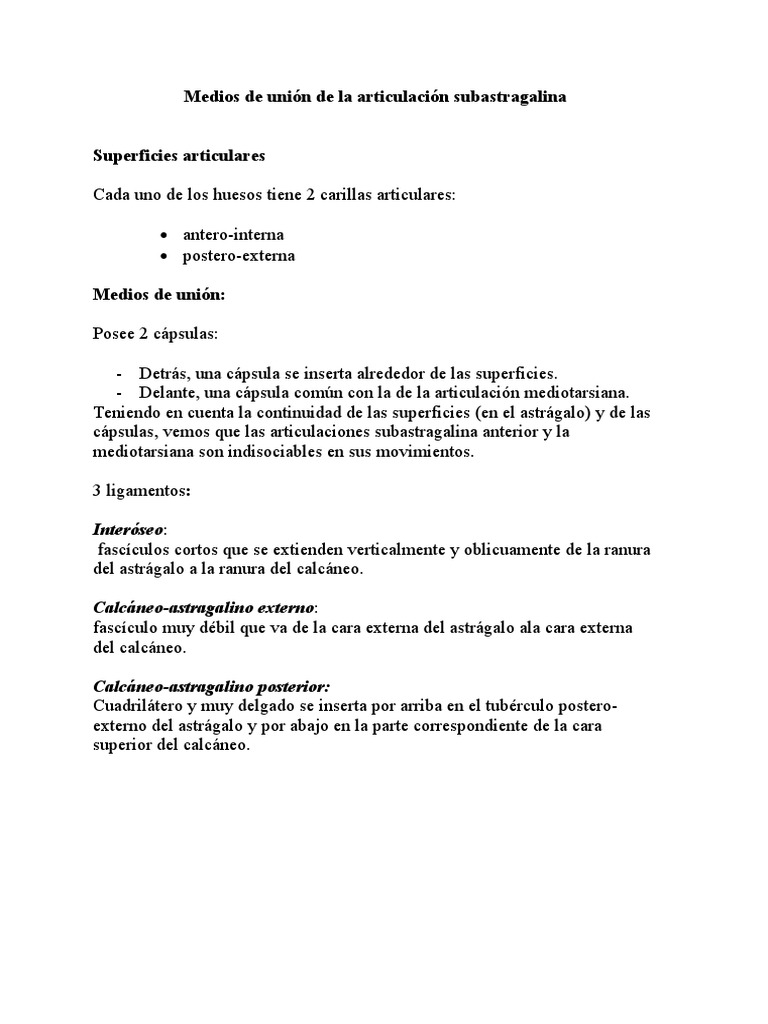 Anatomía de la Articulación Subastragalina | PDF