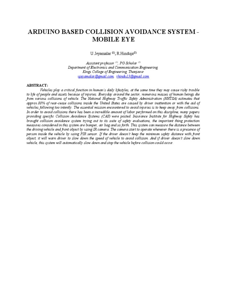 Arduino-Based Collision Avoidance System Using Mobile Camera Vision to Detect Objects and Warn ...