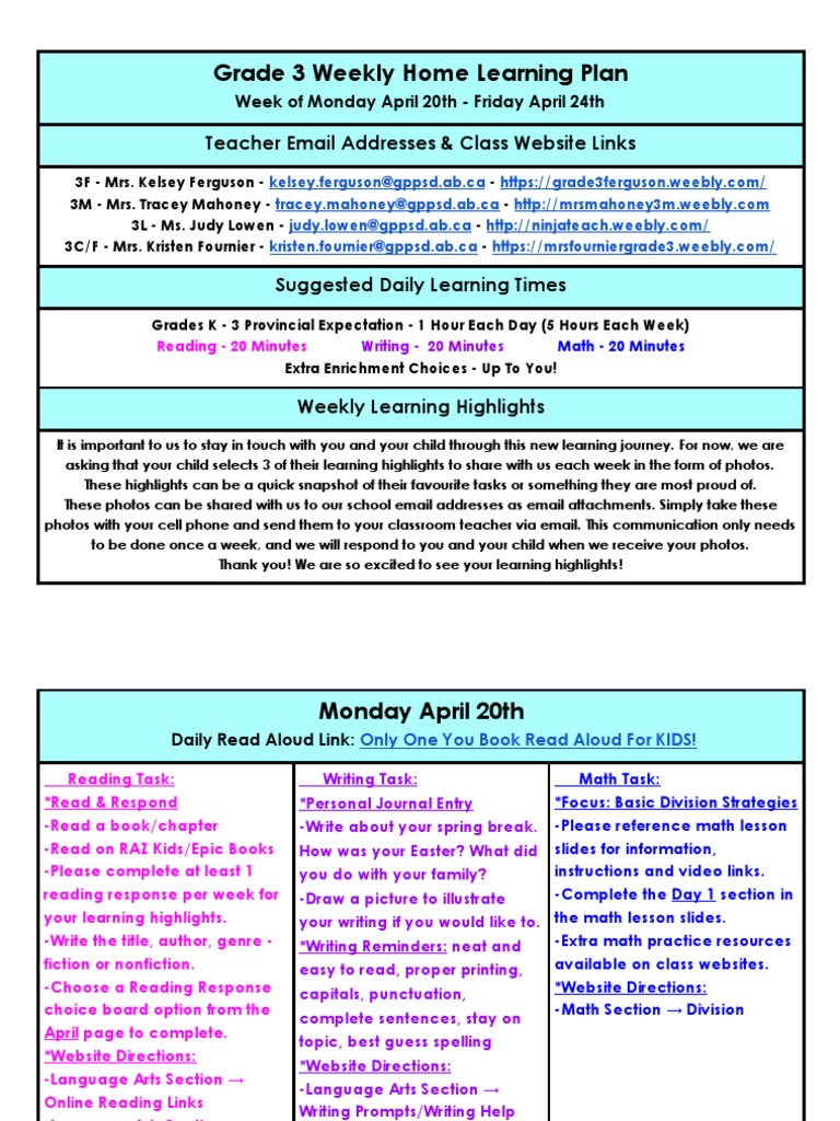 April 20 - April 24 - Grade 3 Weekly Home Learning Plan | PDF | Books ...