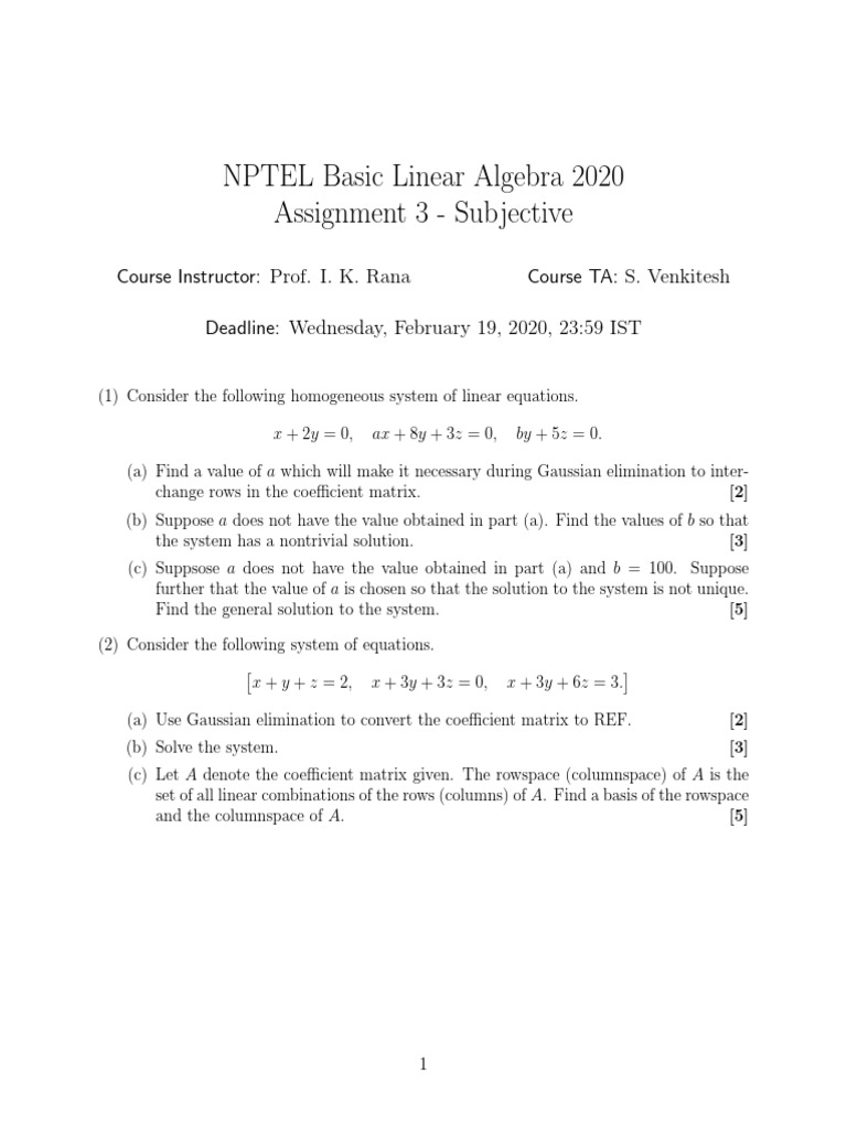NPTEL Basic Linear Algebra 2020 Assignment 3 - Subjective | PDF