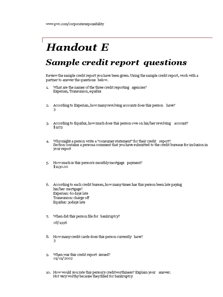Handout E: Sample Credit Report Questions | PDF
