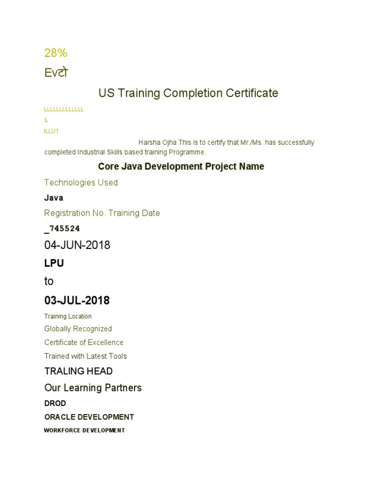 US Training Completion Certificate: 04-JUN-2018 To | PDF
