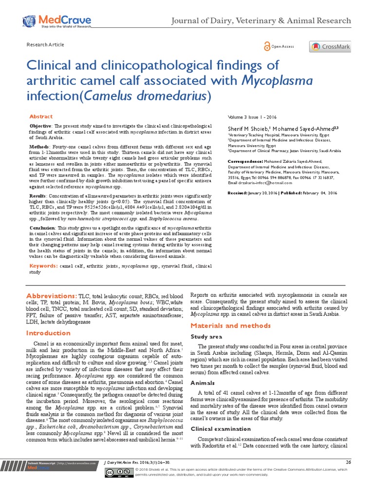 Clinical and Clinicopathological Findings of Arthritic Camel Calf ...