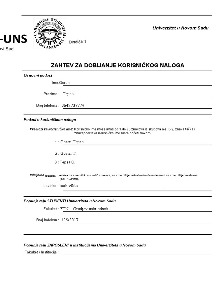 Cit-Uns: Zahtev Za Dobijanje Korisničkog Naloga | PDF