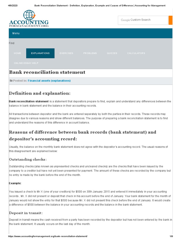Bank Reconciliation Statement - Definition, Explanation, Example and ...