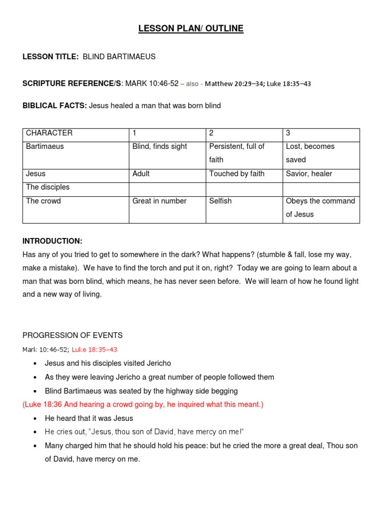 Lesson Plan - Blind Bartemaeus | PDF | New Testament Content | Jesus