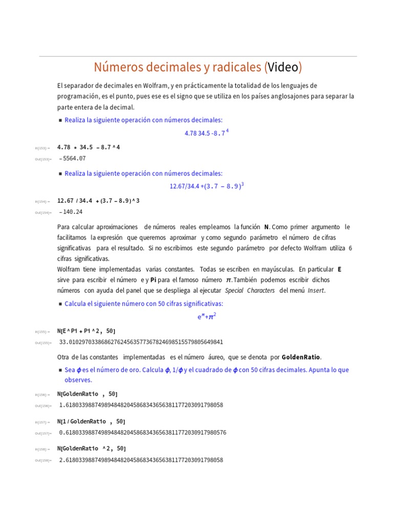 Wolfram Mathematica. 02 Numeros Decimales y Radicales | PDF | Raíz cuadrada | Pi