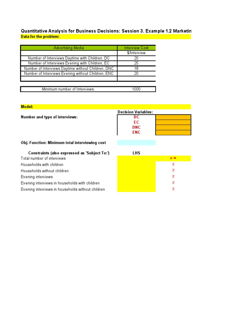 Quantitative Analysis For Business Decisions: Session 3. Example 1.2 ...