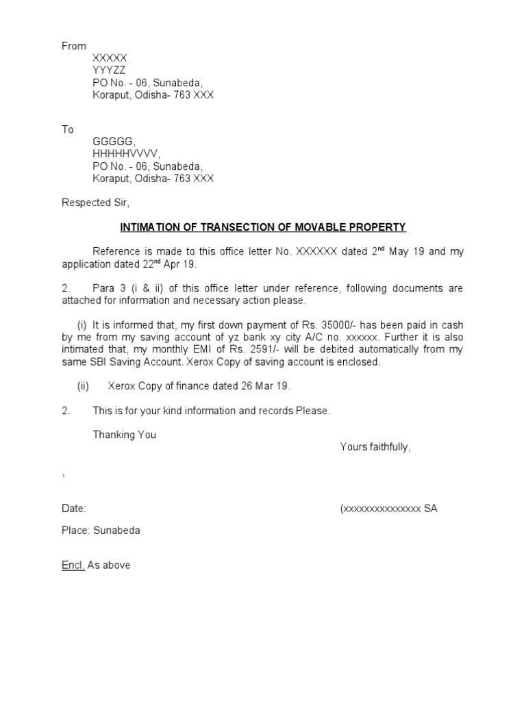 Intimation of Transection of Movable Property: ND ND | PDF