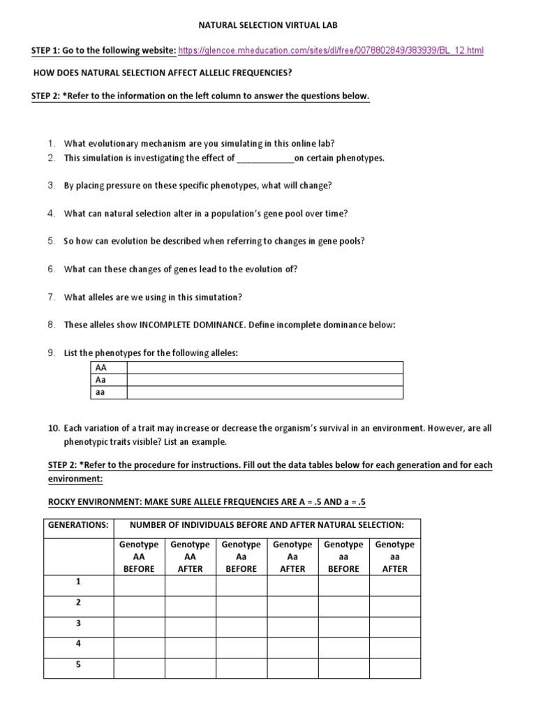 Natural Selection Virtual Lab PDF | PDF | Genotype | Natural Selection