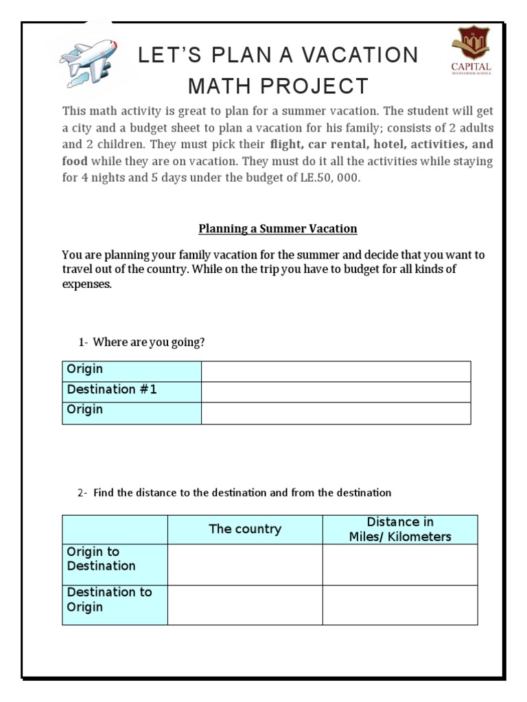 Let'S Plan A Vacation Math Project: Food While They Are On Vacation ...