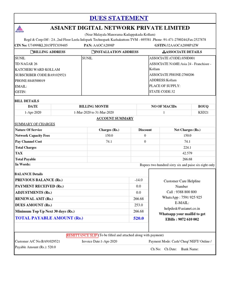 Asianet Digital Network Private Limited: Dues Statement | PDF ...
