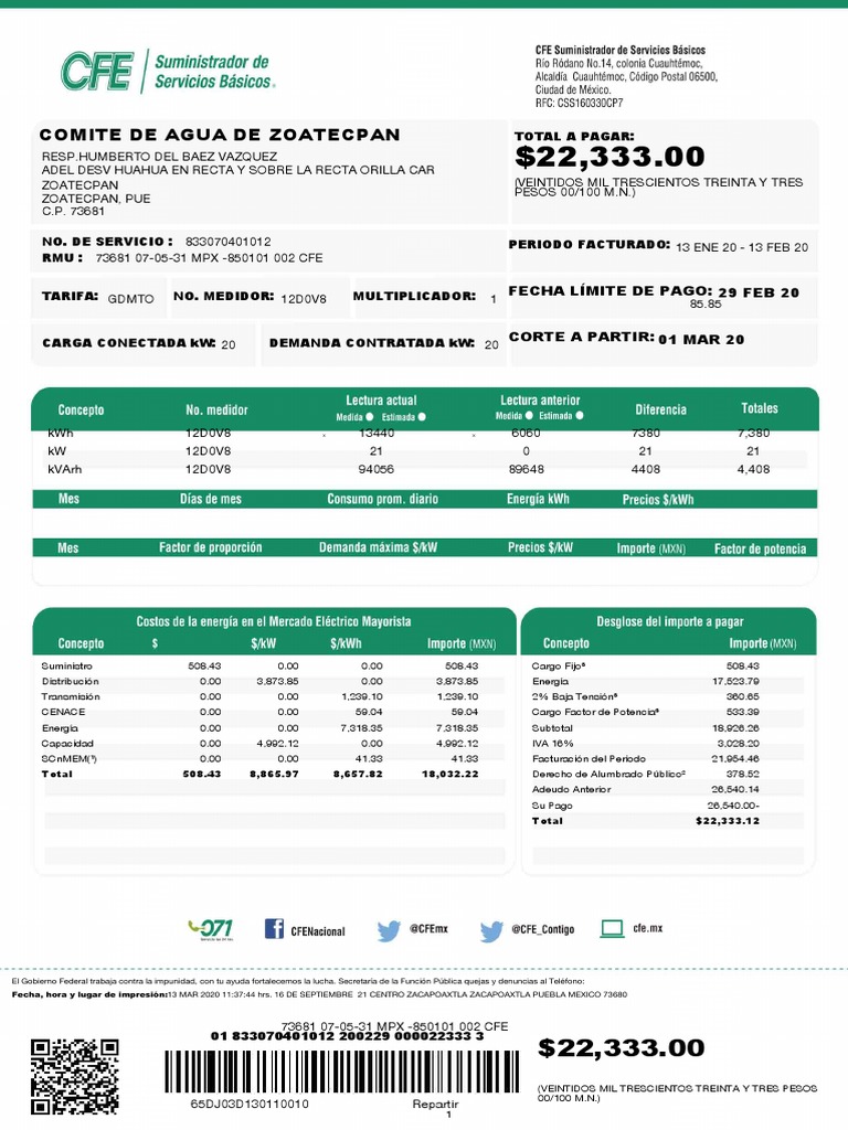 Comprobante de Pago de Servicios CFE | PDF | Energia electrica | Poder ...