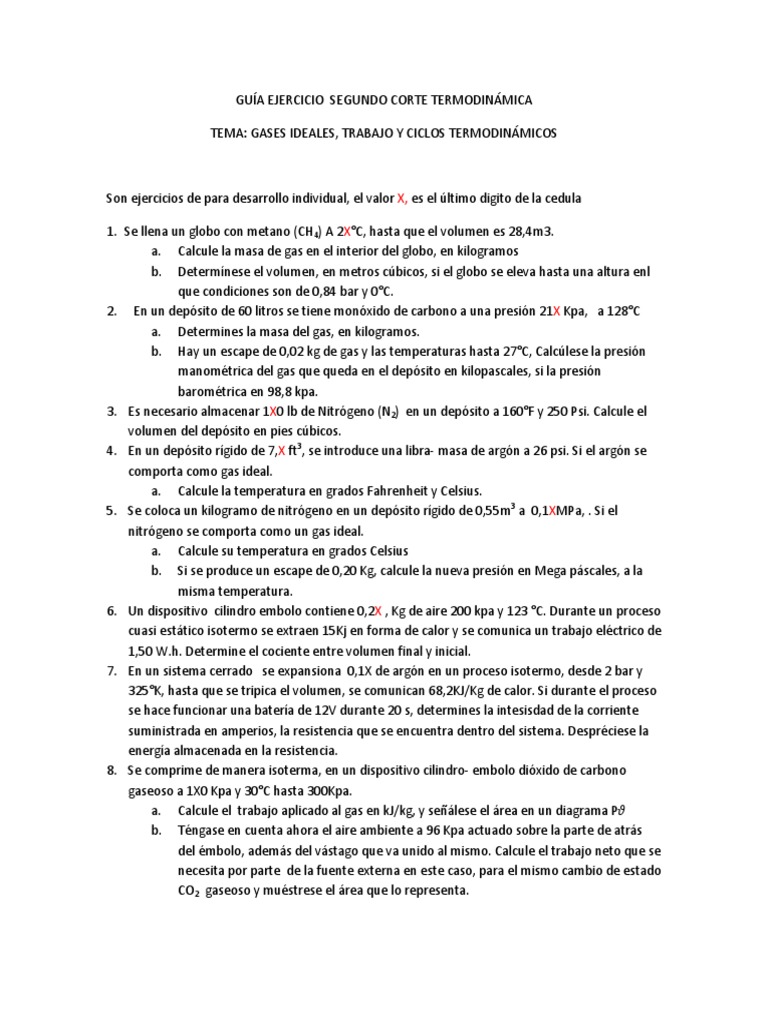 Guía Ejercicio Segundo Corte Termodinámica | PDF | Calor | Gases