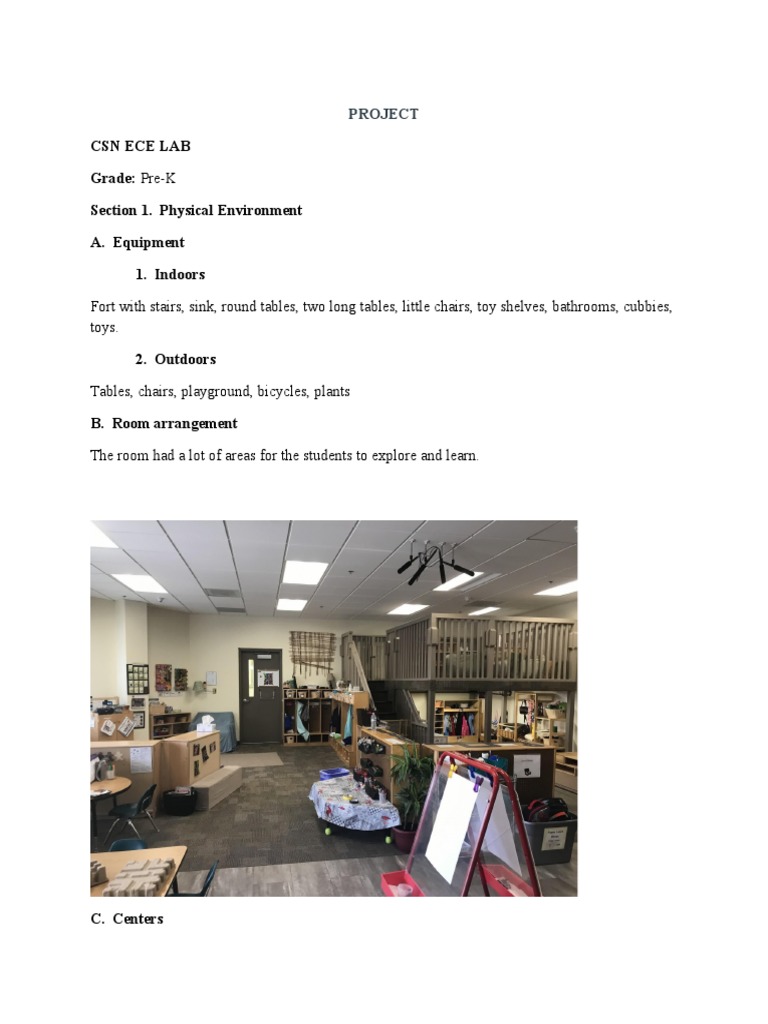 CSN Ece Lab Grade: Pre-K Section 1. Physical Environment A. Equipment 1 ...