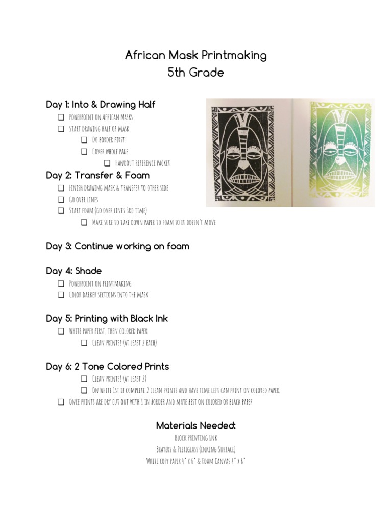 5th Grade African Mask Printmaking Guide | PDF