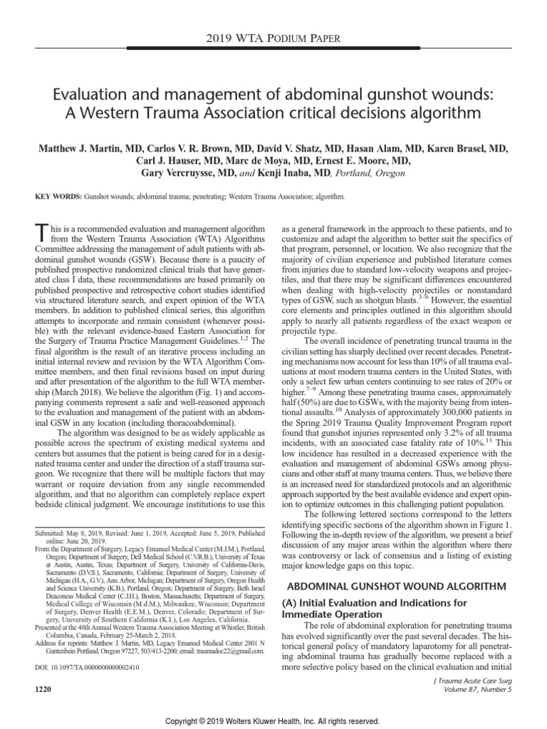 WTA 2019 - Evaluation and Management of Abdominal Gunshot Wounds | PDF ...