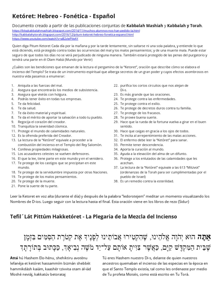 Ketoret Hebreo Fonética Español PDF | PDF | Oración | Creencia ...