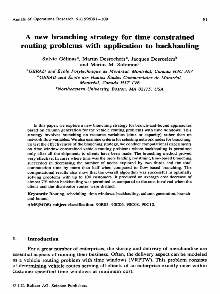 A New Branching Strategy For Time Constrained Routing Problems With Application To Backhauling ...