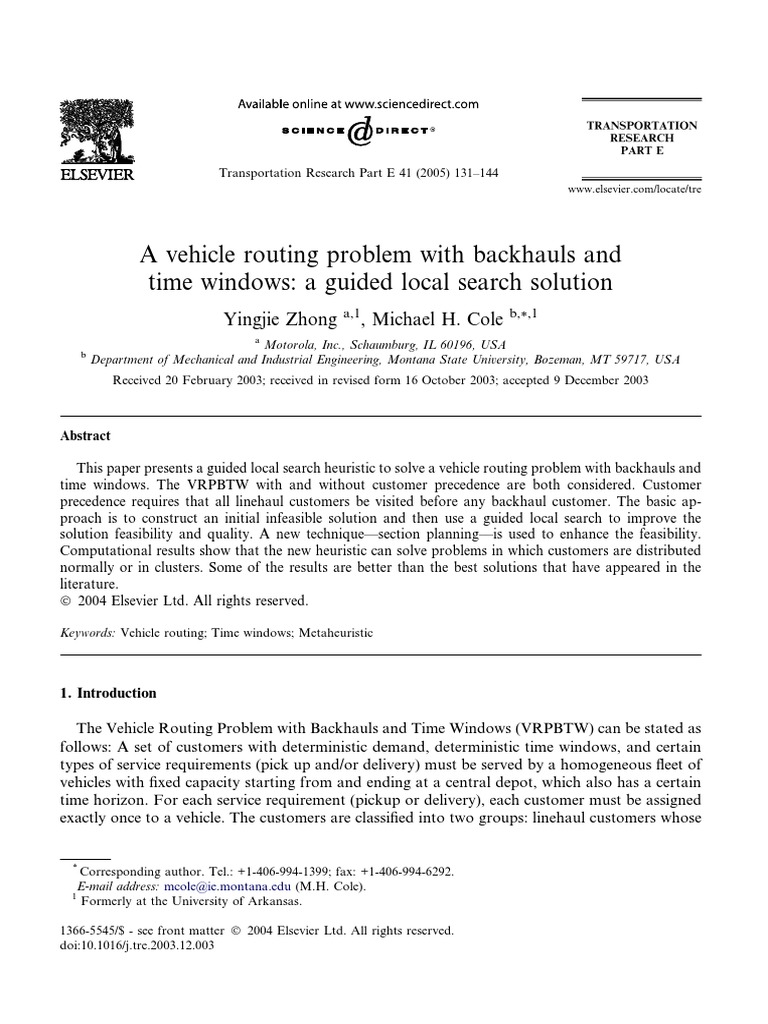 A Vehicle Routing Problem With Backhauls and Time Windows: A Guided ...