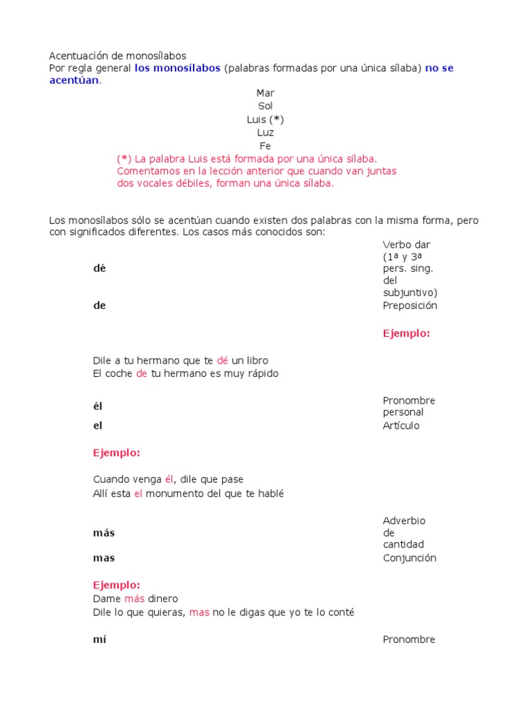 Acentuación de Monosílabos | PDF | Palabra | Mecánica del lenguaje