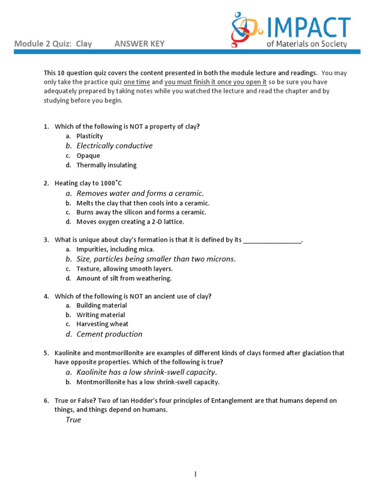 Module 2 Quiz: Clay Answer Key: B. Electrically Conductive | PDF | Clay ...