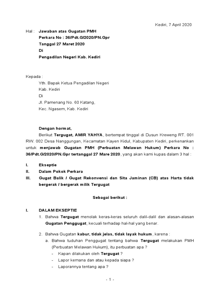 Jawaban Atas Gugatan PMH Amir Yahya | PDF