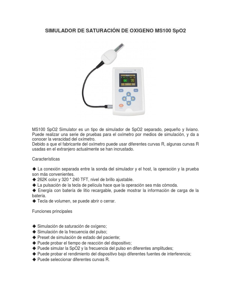 SIMULADOR DE SATURACIÓN DE OXIGENO MS100 SpO2 | PDF