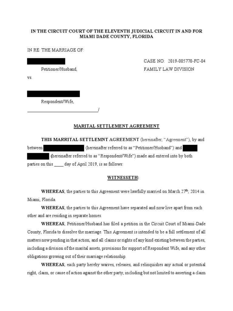 Marriage Settlement Agreement - Redacted | PDF | Indemnity | Civil Law (Legal System)
